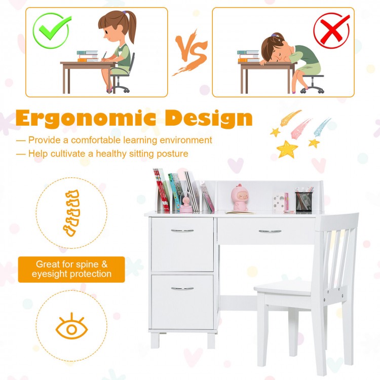 Kids Wooden Writing Furniture Set with Drawer and Storage Cabinet - Costway