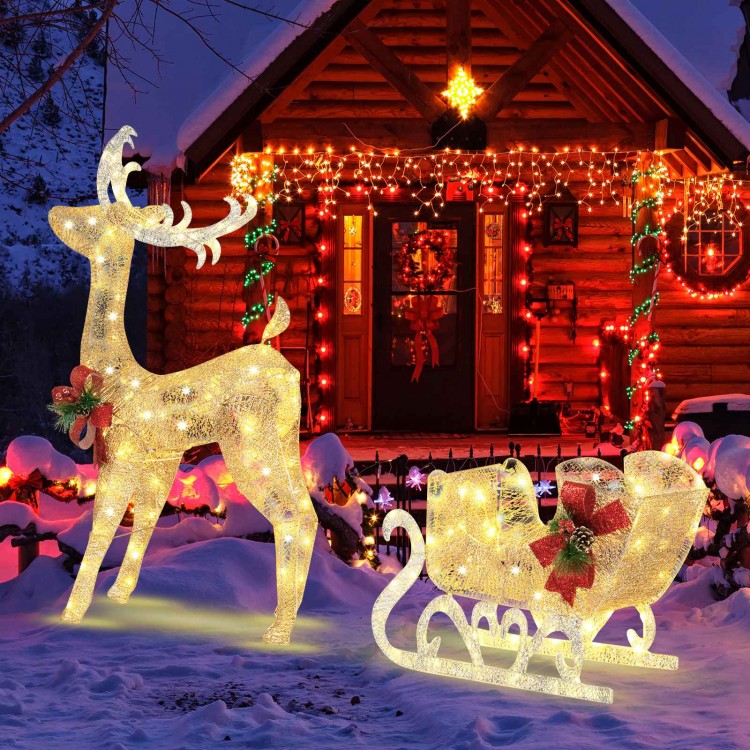 Christmas Reindeer Sleigh Decoration with 100 Lights - Costway