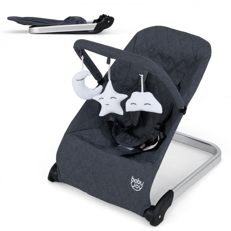 Foldable Baby Bouncer with Removable Fabric Cover and Toy Bar - Costway
