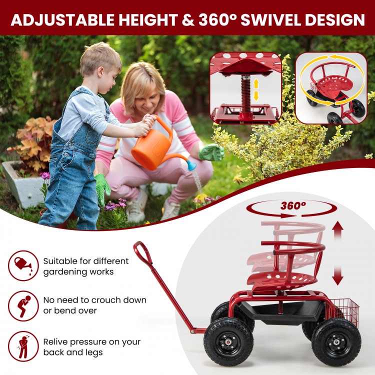 Cushioned Rolling Garden Cart Scooter with Storage Basket and Tool ...