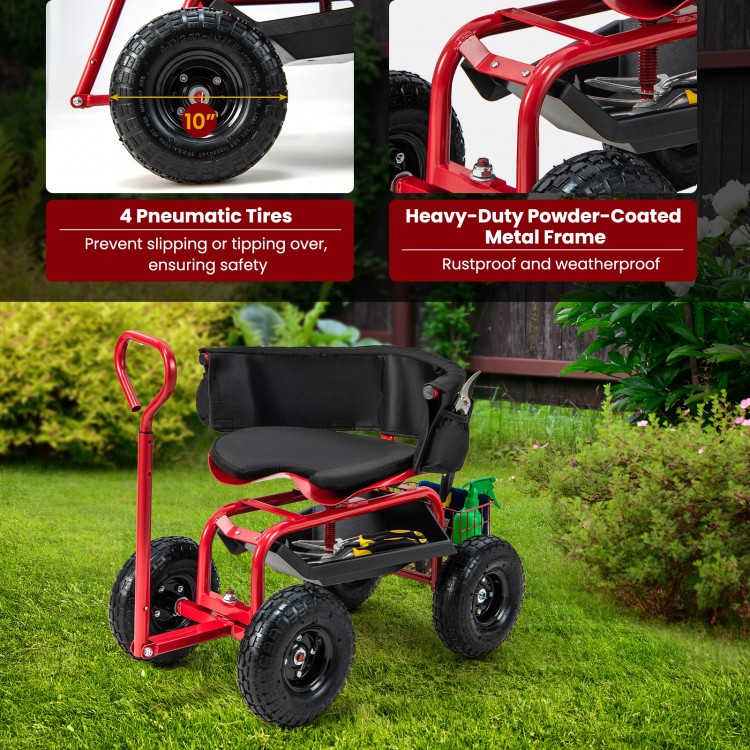 Cushioned Rolling Garden Cart Scooter with Storage Basket and Tool ...