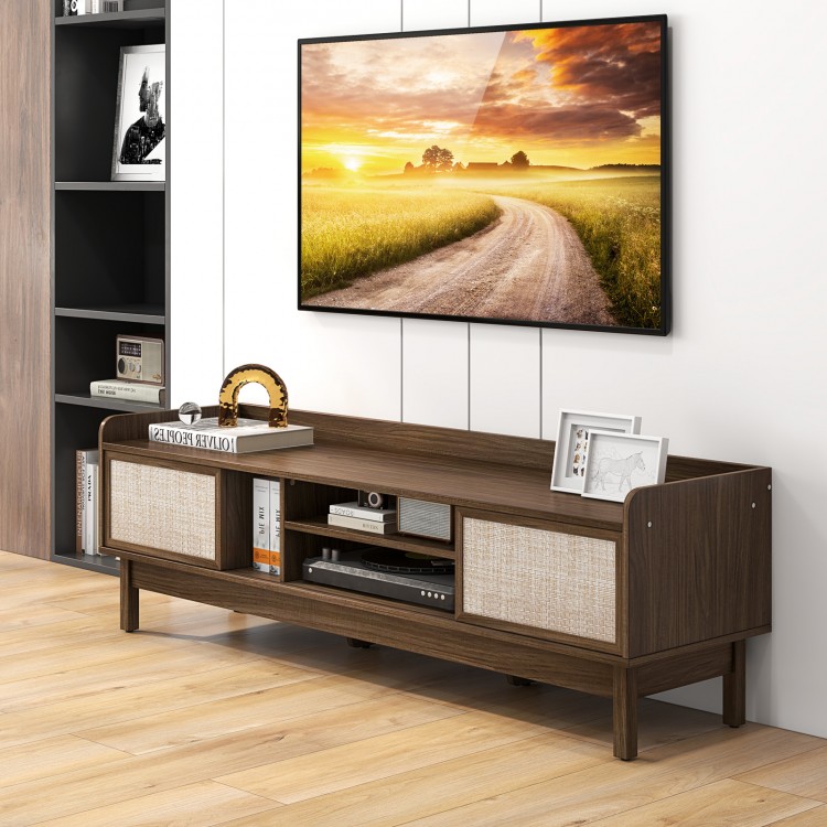 Sliding Door TV Stand for 65" TV with Woven Doors - Costway