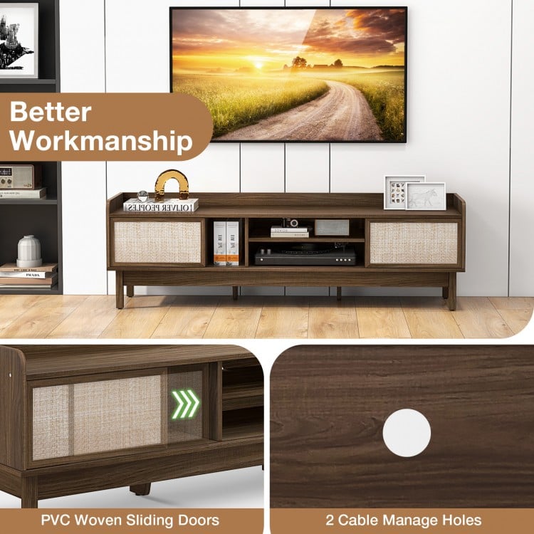 Sliding Door TV Stand for 65" TV with Woven Doors - Costway