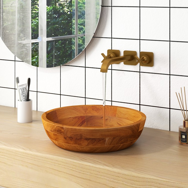 16 Inch Teak Wood Washbasin with Drainage Hole and Smooth Finish - Costway