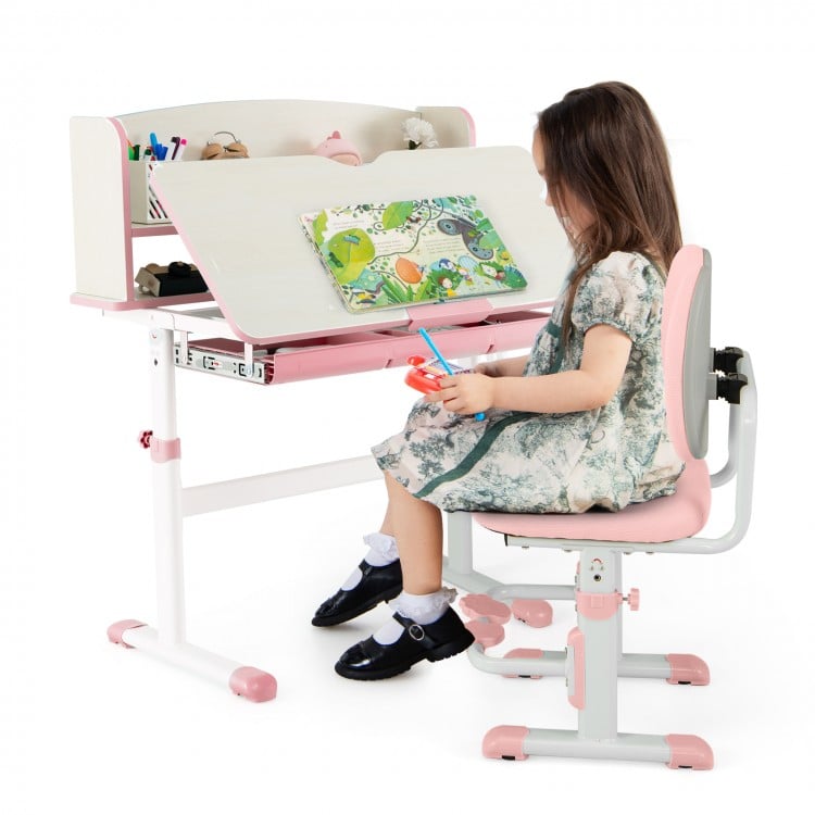 Kids Desk and Chair Set with Adjustable Height and Tilted Desktop - Costway