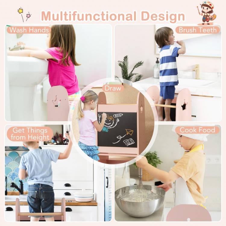 Kids Kitchen Tower Adjustable with Chalkboard and Safety Rail - Costway