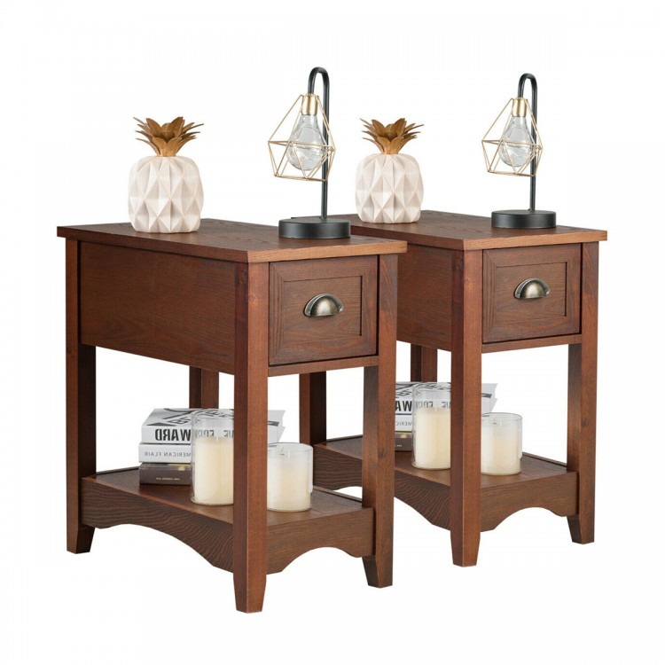 Set of 2 Contemporary Side End Table with Drawer - Costway