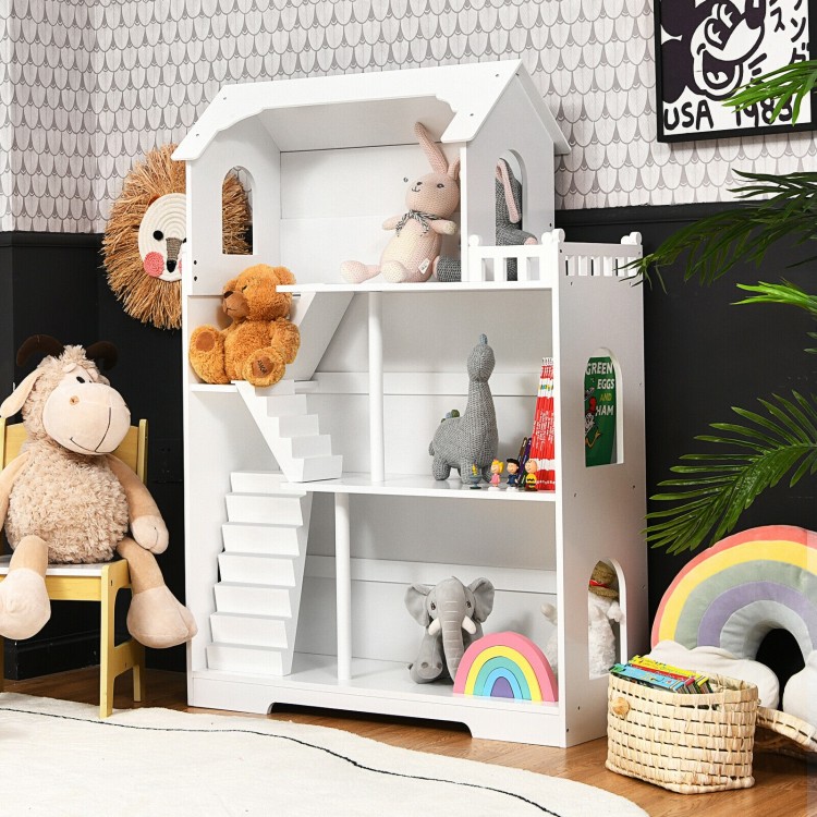 Kids Wooden Dollhouse Bookshelf with Anti-Tip Design and Storage Space ...