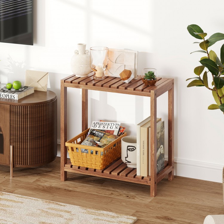 2/3-Tier Side Table Teak Wood Stand Utility Storage Shelf - Costway