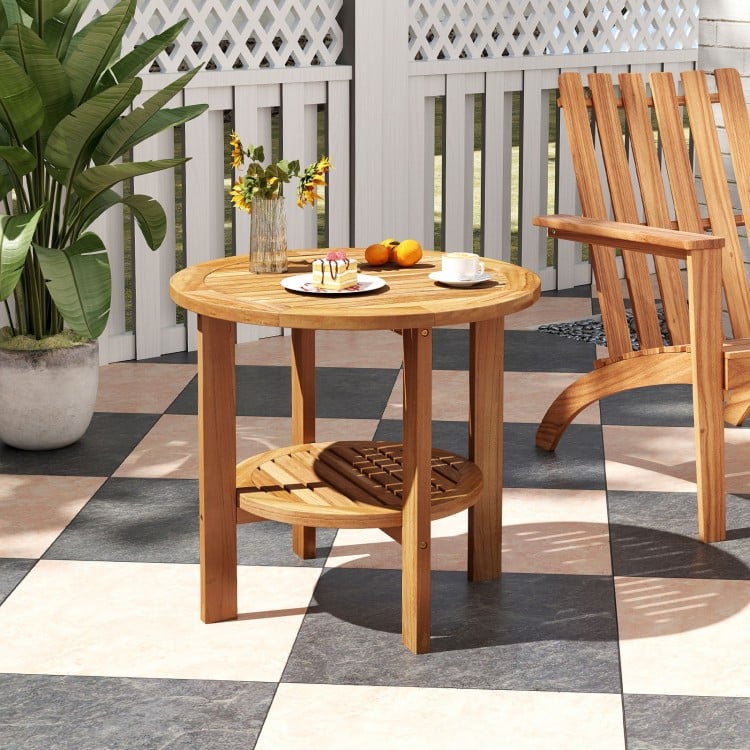 Outdoor Teak Wood Round Side Table Patio End Table with Slatted Storage ...