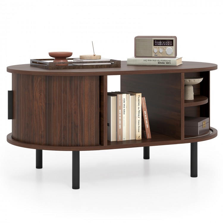 Oval Coffee Table with Open Compartment and Sector Shelves - Costway