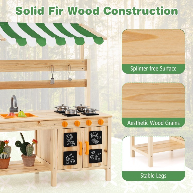 Mud Kitchen Fir Wood Play Kitchen with Canopy and Sink and 4 Stoves ...