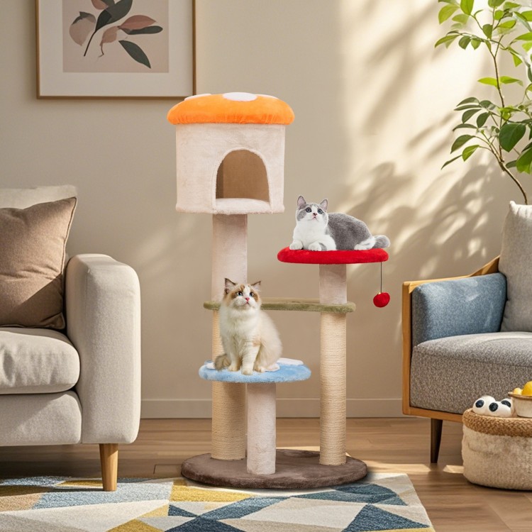 Cute Mushroom Cat Tree with Sisal Scratching Posts Top Condo and Padded ...