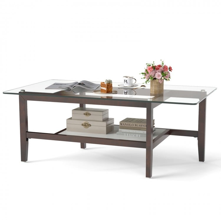 42 Inch Rectangular 2-Tier Glass Coffee Table with Storage Shelf - Costway