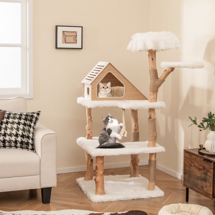 60 Inch Tall Solid Wood Cat Tree Modern Wooden Cat Tower with 2 Perches ...