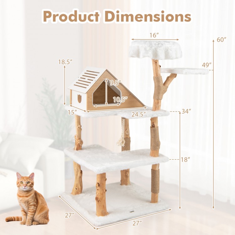 60 Inch Tall Solid Wood Cat Tree Modern Wooden Cat Tower with 2 Perches ...