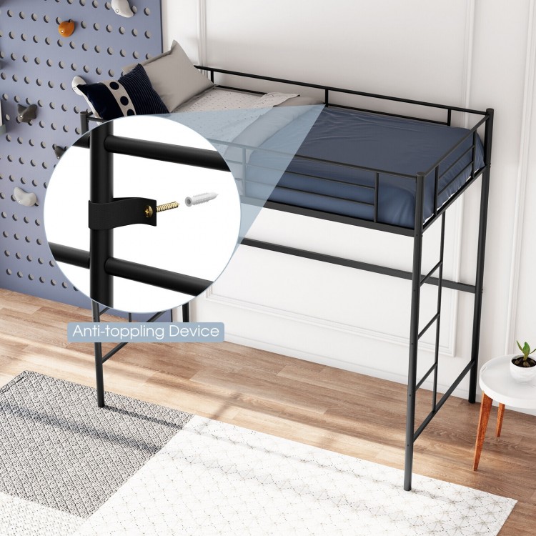 Twin Size Space-saving Metal Loft Bed with Full-Length Guardrail and 2 ...