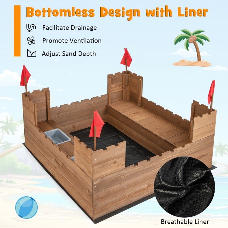 Kids Wooden Sandbox with Bottom Liner and Red Flags - Costway