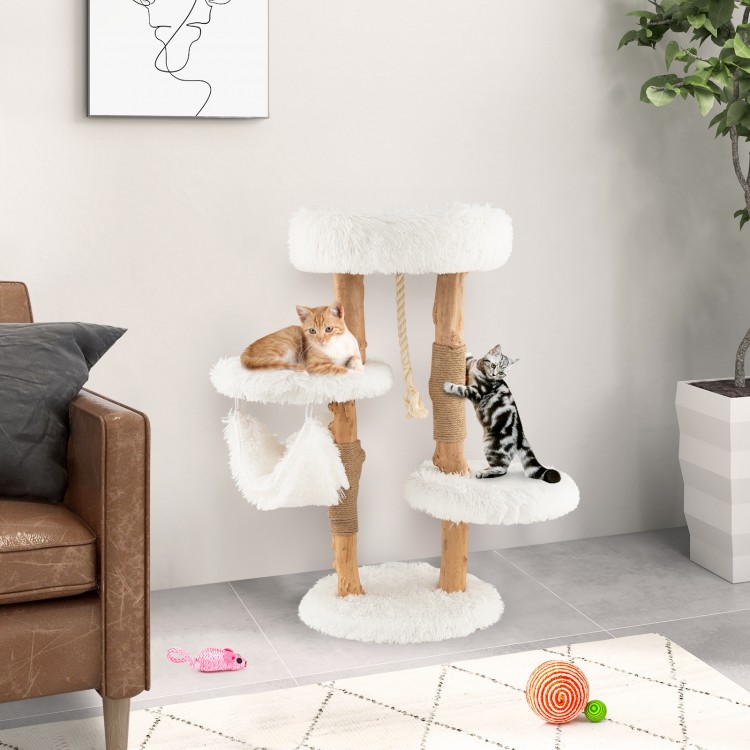 Solid Wood Cat Tower with Jute Scratching Posts and Hanging Rope for ...