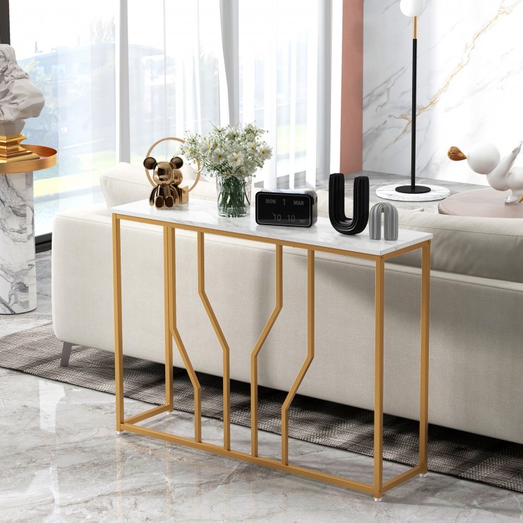 44 Inch Modern White Entryway Table with Faux Marble Tabletop - Costway