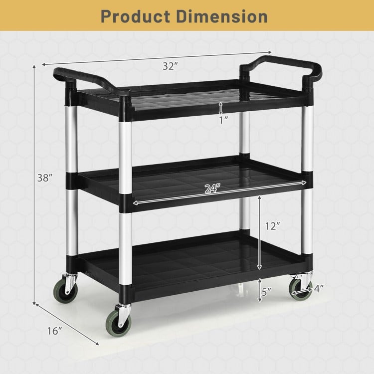 3-Tier Utility Service Cart with Lockable Wheels and Double Handles ...