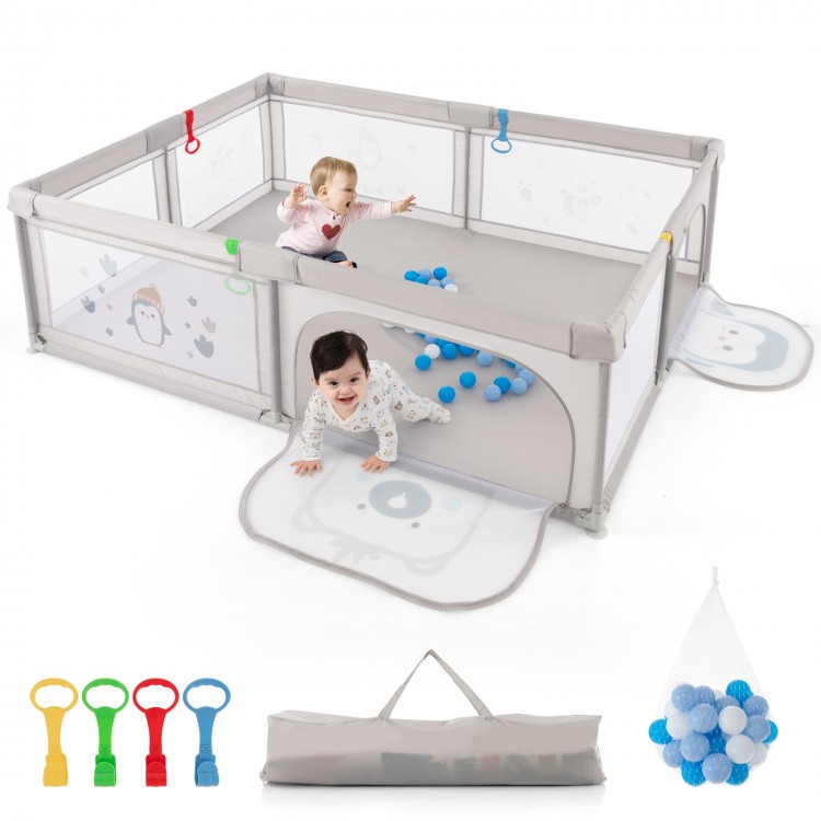 Large Baby Playpen with Pull Rings Ocean Balls and Cute Pattern - Costway