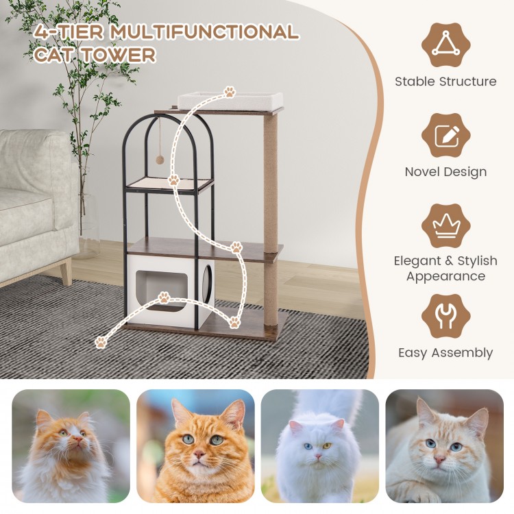 47 Inch Tall Cat Tree Tower Top Perch Cat Bed with Metal Frame - Costway