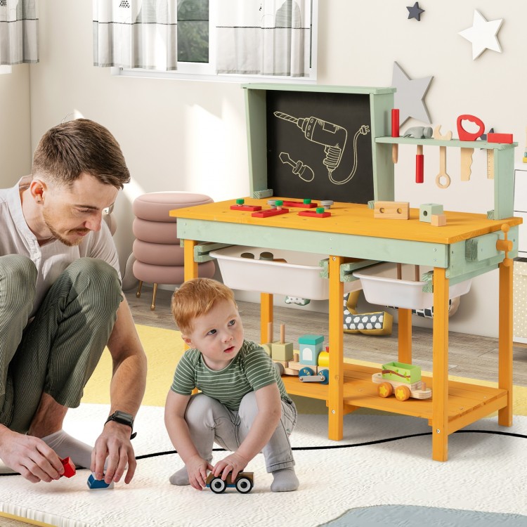 Kids Wooden Toy Workbench with Storage Space and Blackboard - Costway