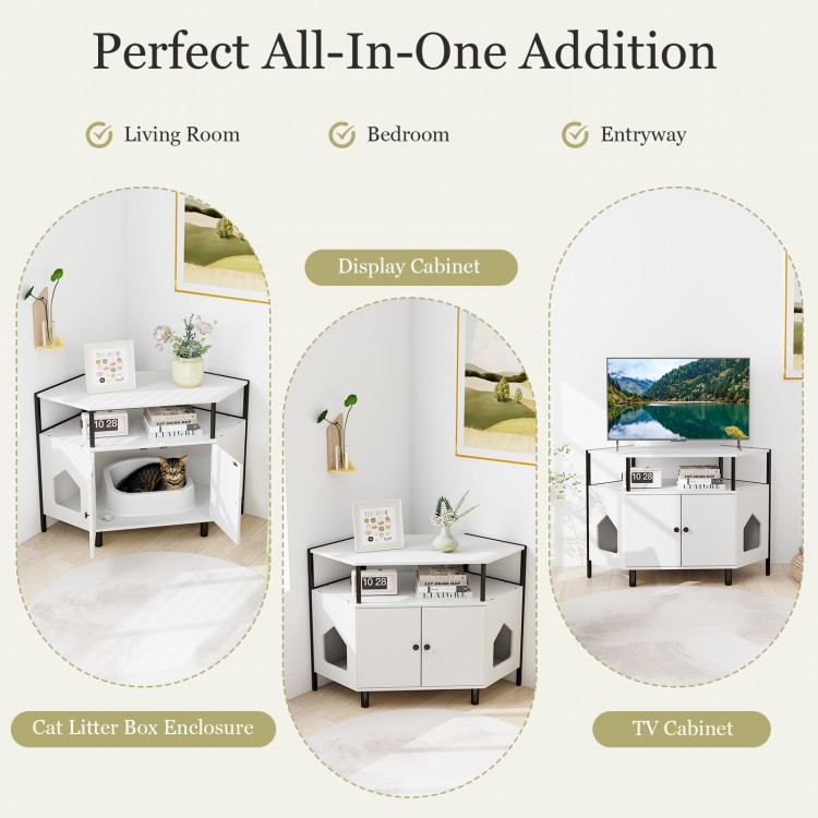 Corner Cat Litter Box Enclosure with Open Shelf 2 Entrances and Metal ...