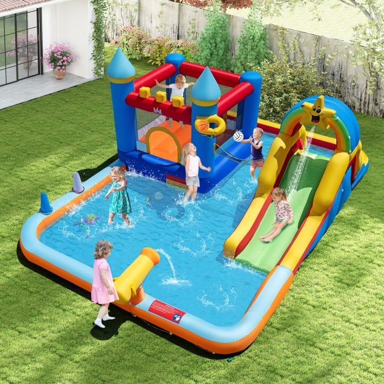 Inflatable Water Slide Park with Climbing Wall and Splash Pool - Costway