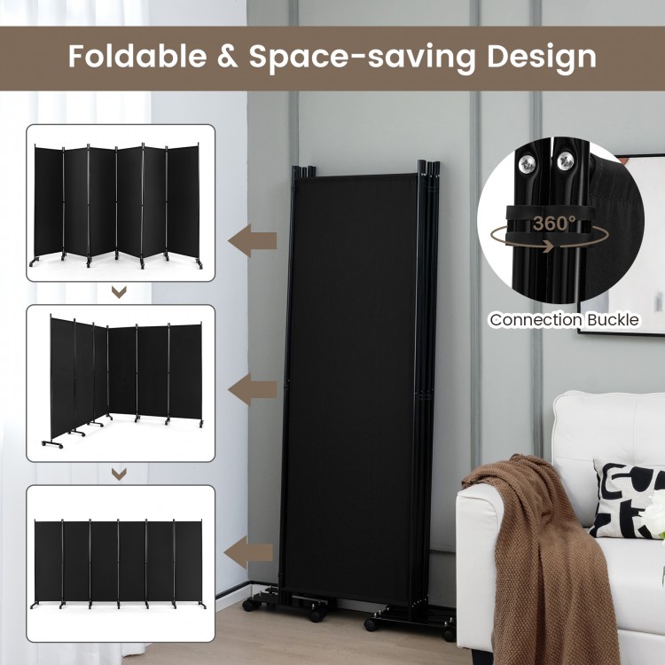 6 Panel 6Ft Tall Rolling Room Divider on Wheels - Costway
