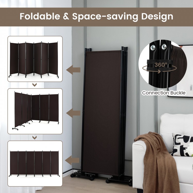 6 Panel 6Ft Tall Rolling Room Divider on Wheels - Costway