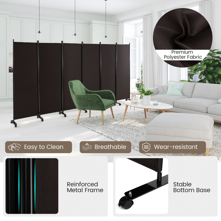 6 Panel 6Ft Tall Rolling Room Divider on Wheels - Costway
