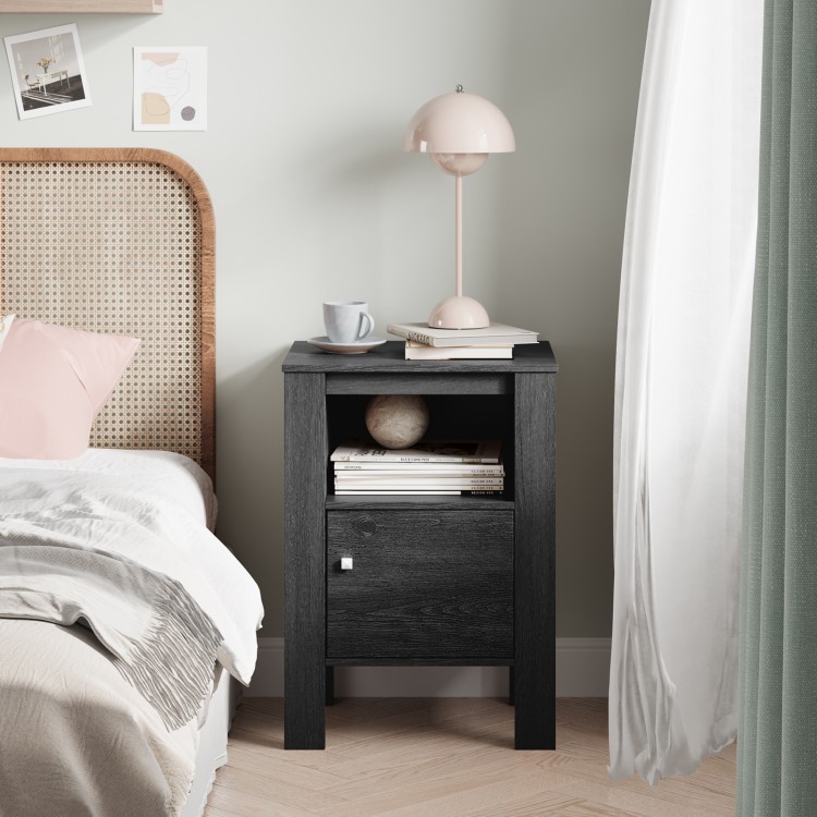 Compact Floor Farmhouse Nightstand with Open Shelf and Cabinet - Costway