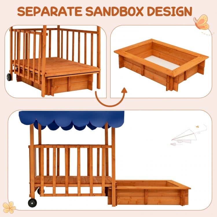 Kids Outdoor Wooden Retractable Sandbox with Cover and Built-in Wheels ...