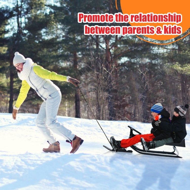 Kids Snow Sled with Steering Wheel and Double Brakes Pull Rope - Costway