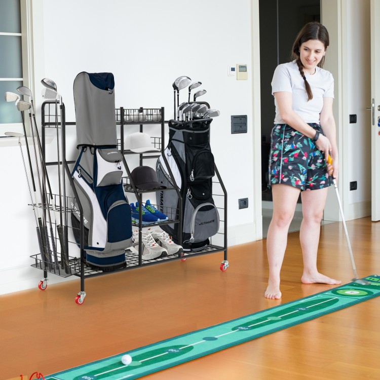 Double Golf Bag Rack with Removable Golf Club Stand and Wheels - Costway