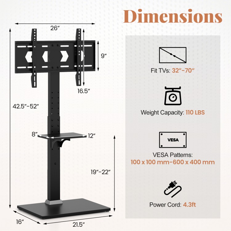 Tilt and Height Adjustable Floor TV Stand with Power Outlet and ...