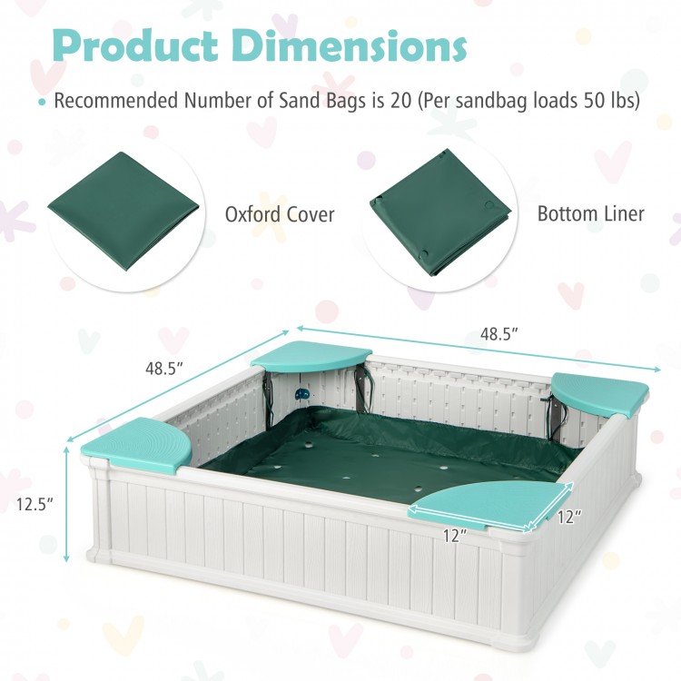 Kids Outdoor Sandbox with Oxford Cover and 4 Corner Seats - Costway