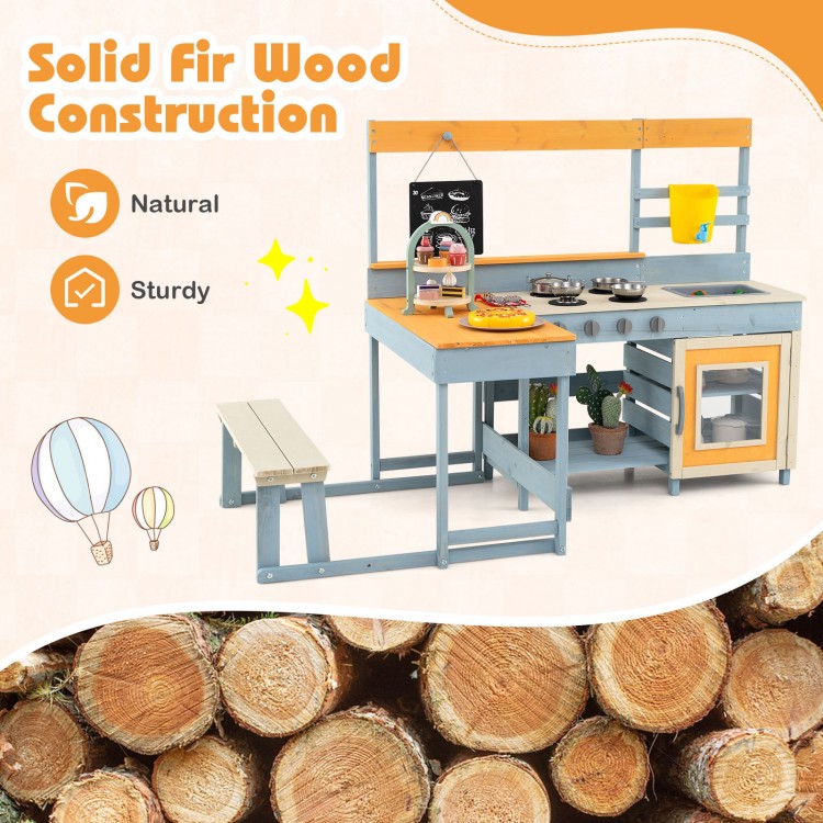 Fir Wood Play Kitchen with Kids Picnic Table and Built-in Bench - Costway