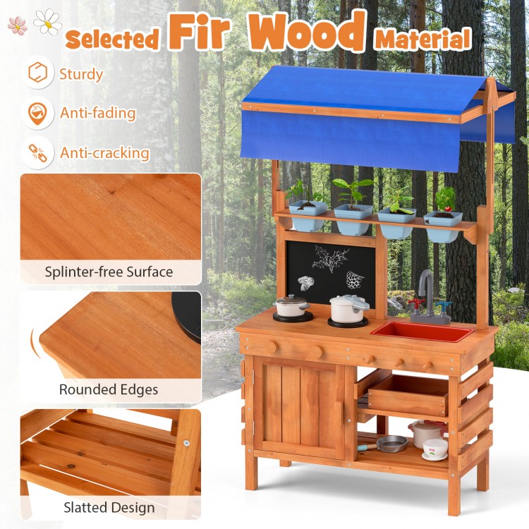 Wooden Pretend Play Kitchen with Height Adjustable Canopy for Kids ...